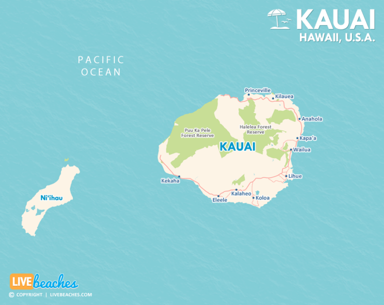 Map of Kauai, Hawaii - Live Beaches