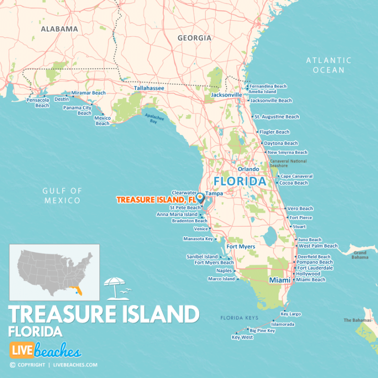 Map of Treasure Island, Florida - Live Beaches